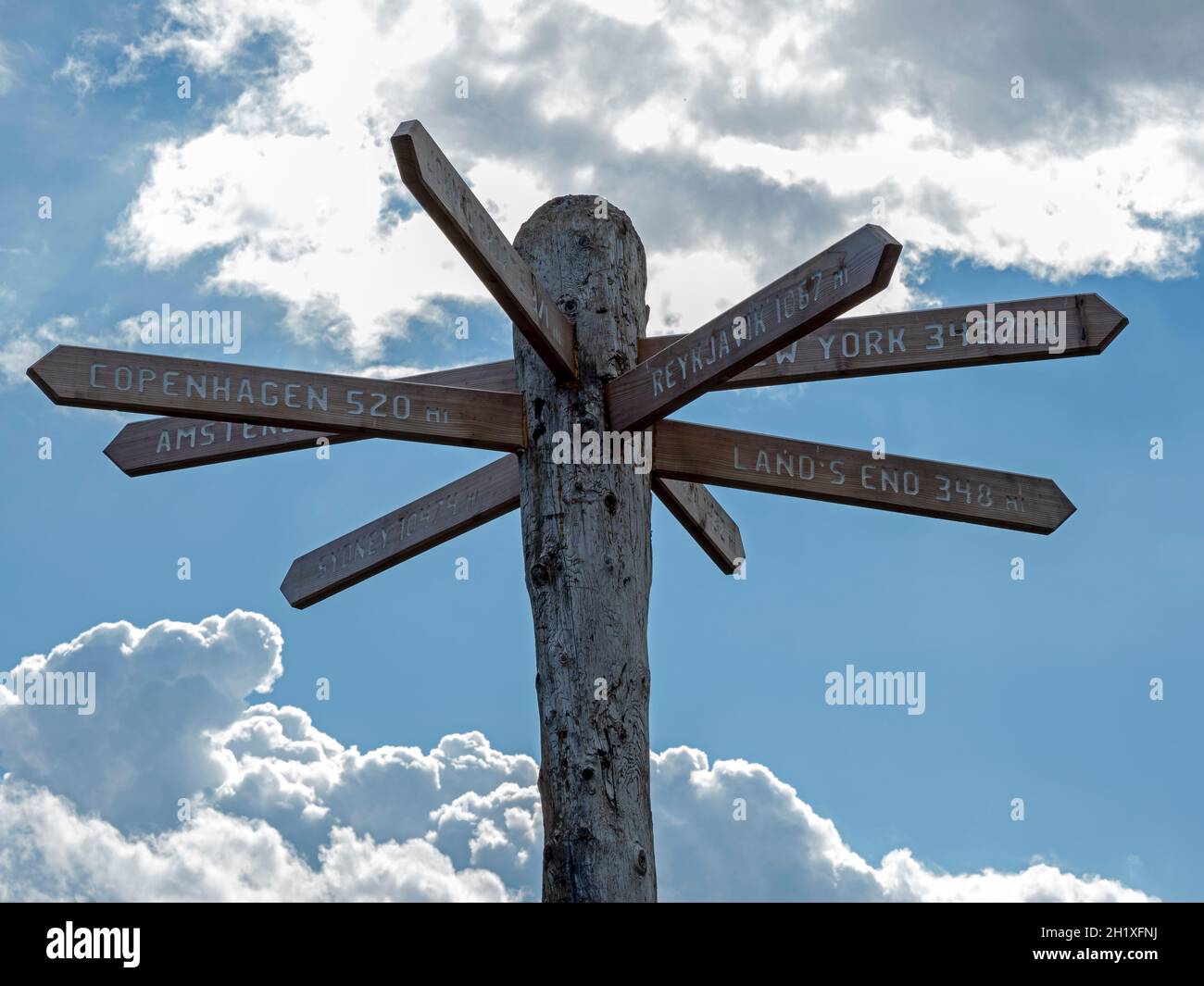 Signpost showing directions and distances at Spurn Point, East ...