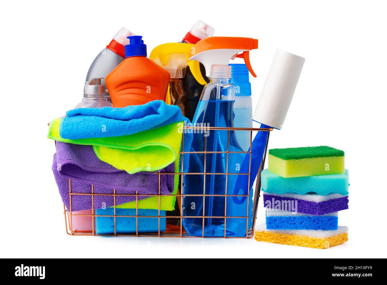 Cleaning items in basket isolated on white background Stock Photo - Alamy