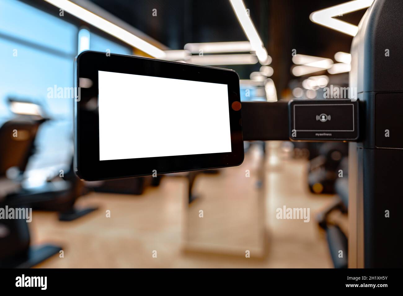 Close up of white screen on gym apparatus in a luxury gym Stock Photo ...