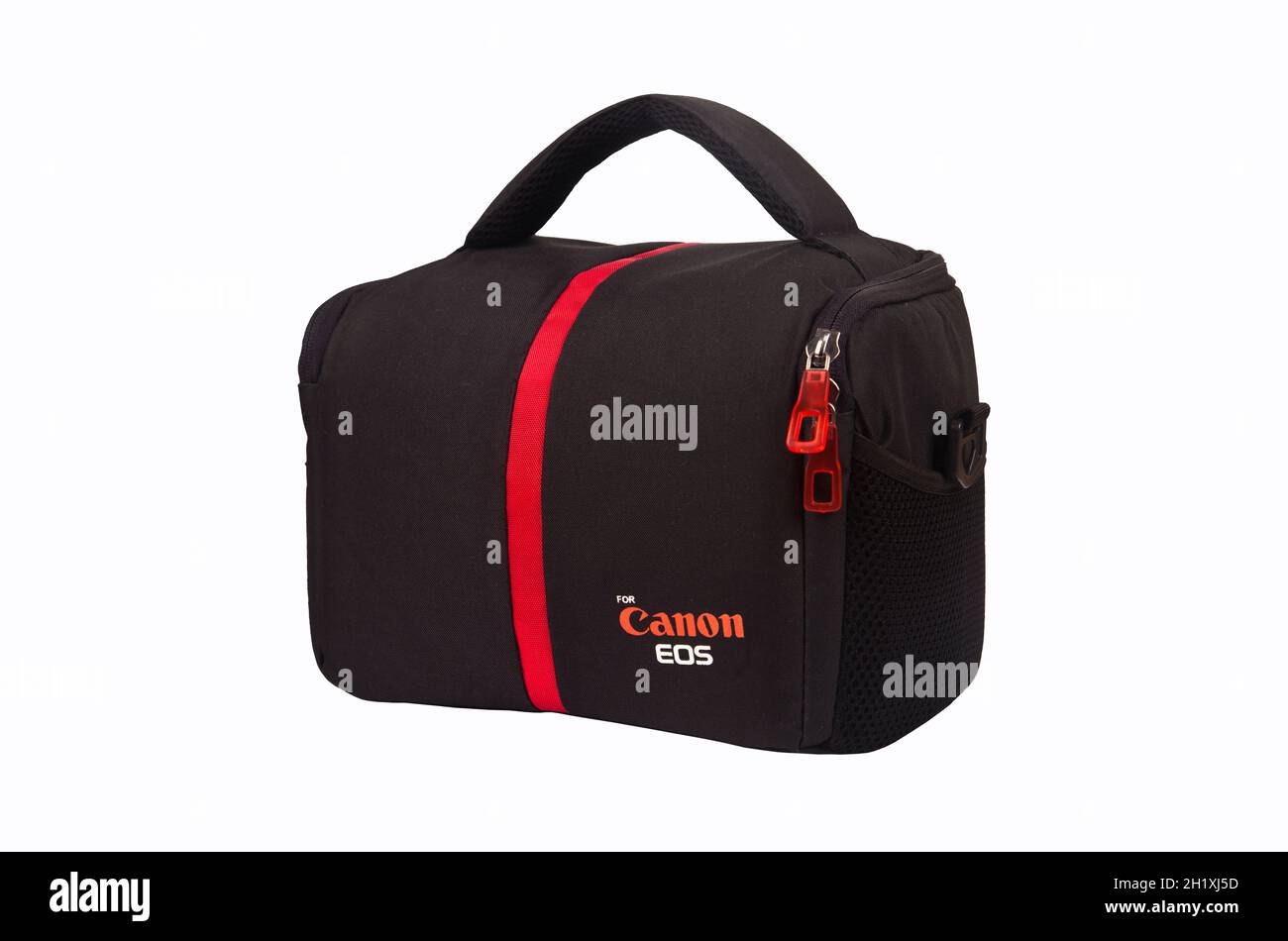 Canon EOS digital cameras designed for red striped black bag, isolated ...