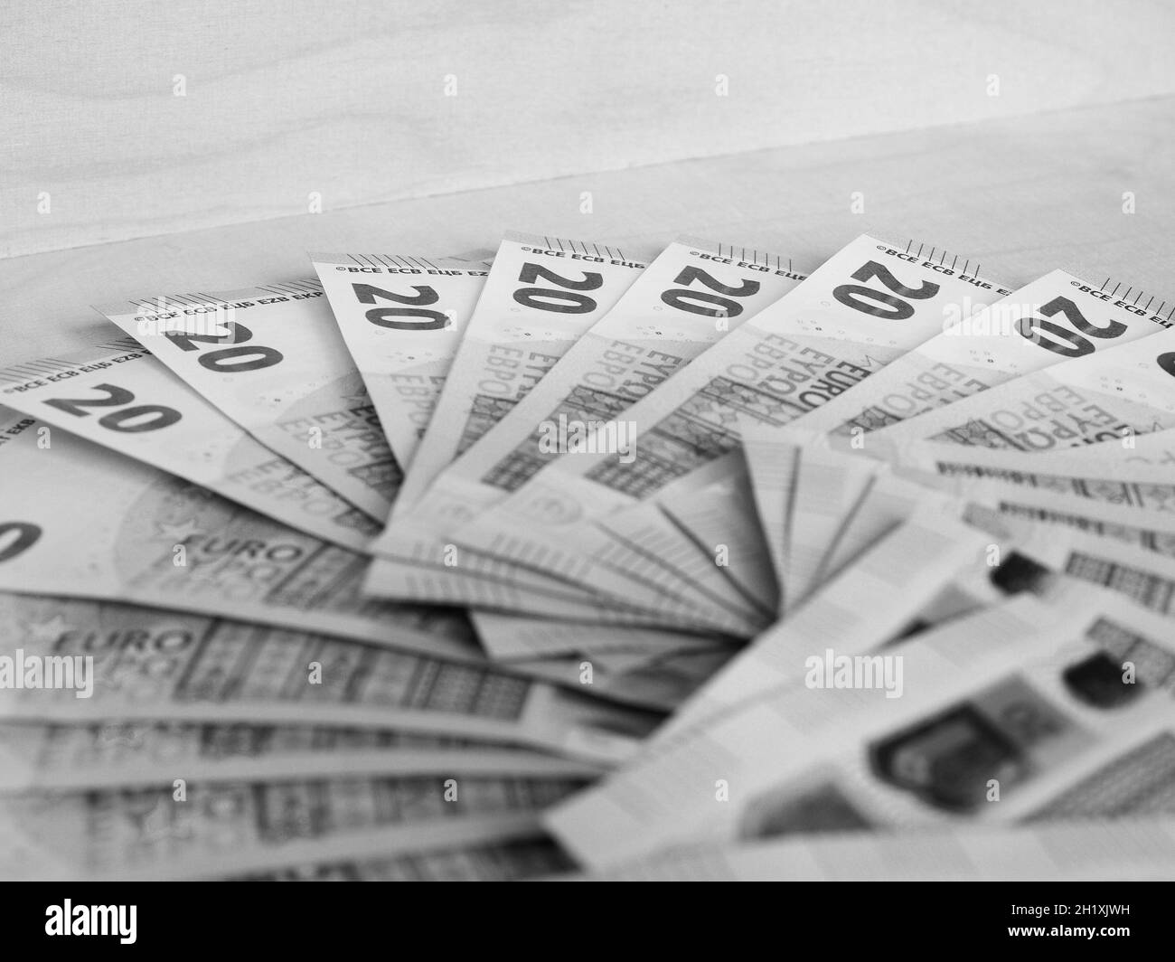 Euro banknotes and coins (EUR), currency of European Union in black and ...