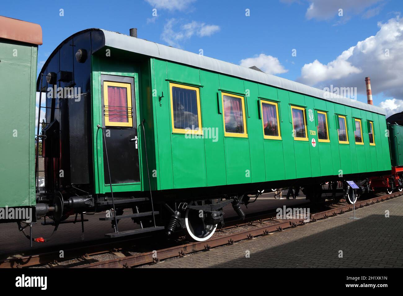Old passenger railway car in the Museum of steam locomotives in Brest ...
