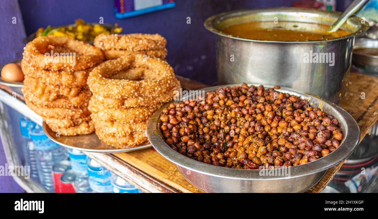 Nepalese food breakfast with Sel Roti and chickpeas. Ring Road in ...