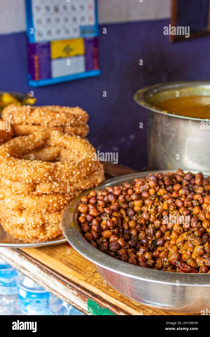 Nepalese food breakfast with Sel Roti and chickpeas. Ring Road in ...