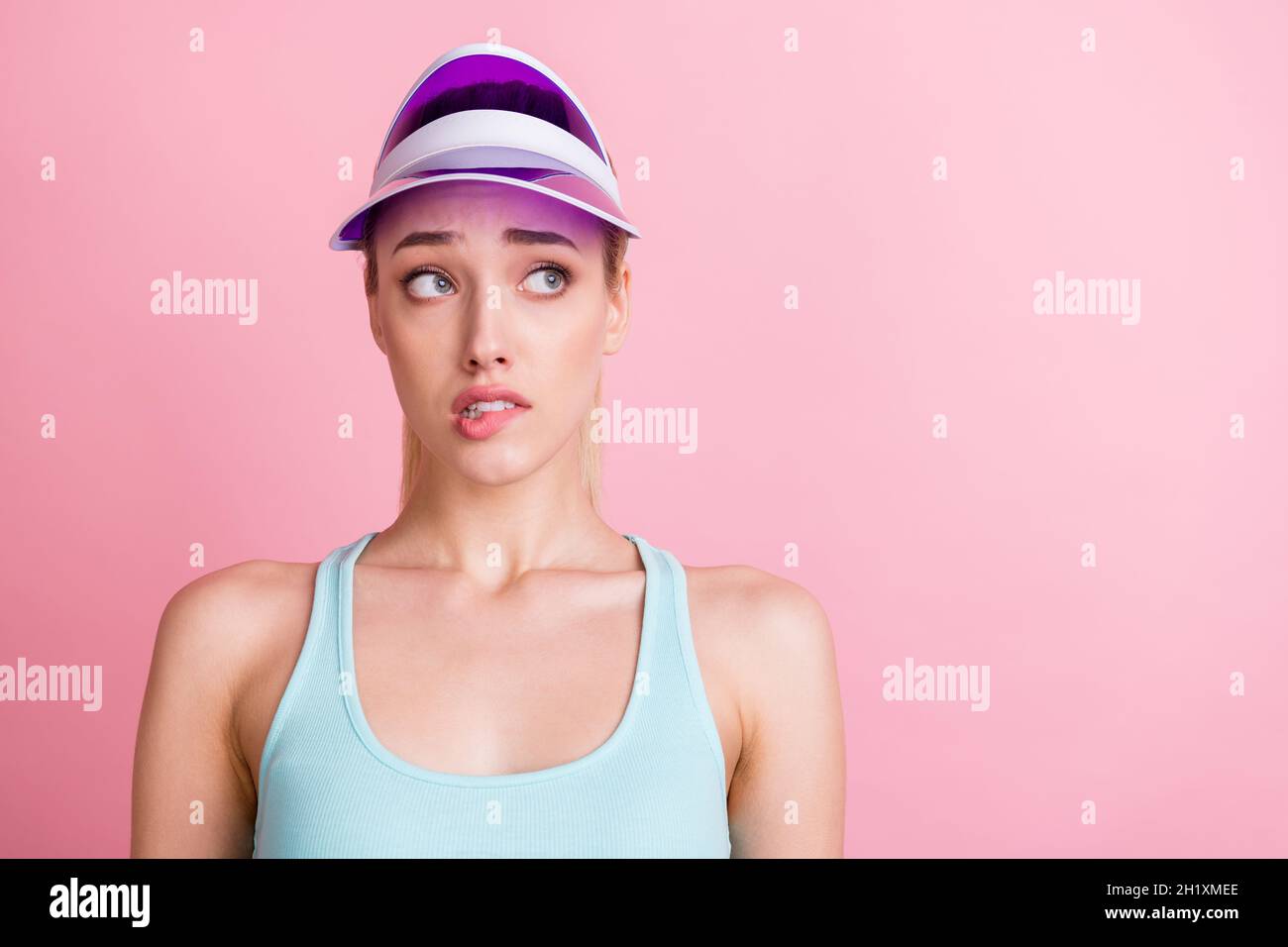 Portrait of attractive discontent teenage girl overthinking copy space ...