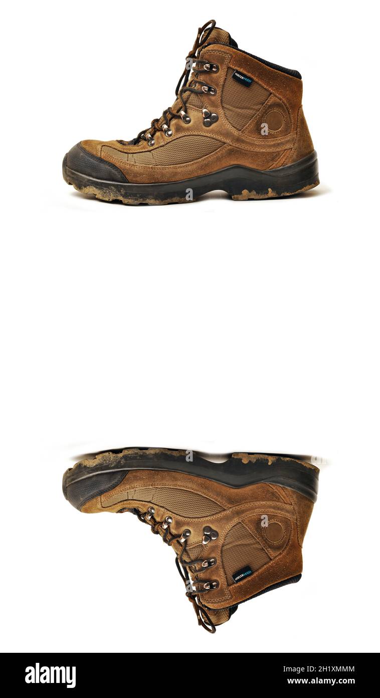 Hiking shoes and a white background, Sturdy hiking boots, strong hiking ...