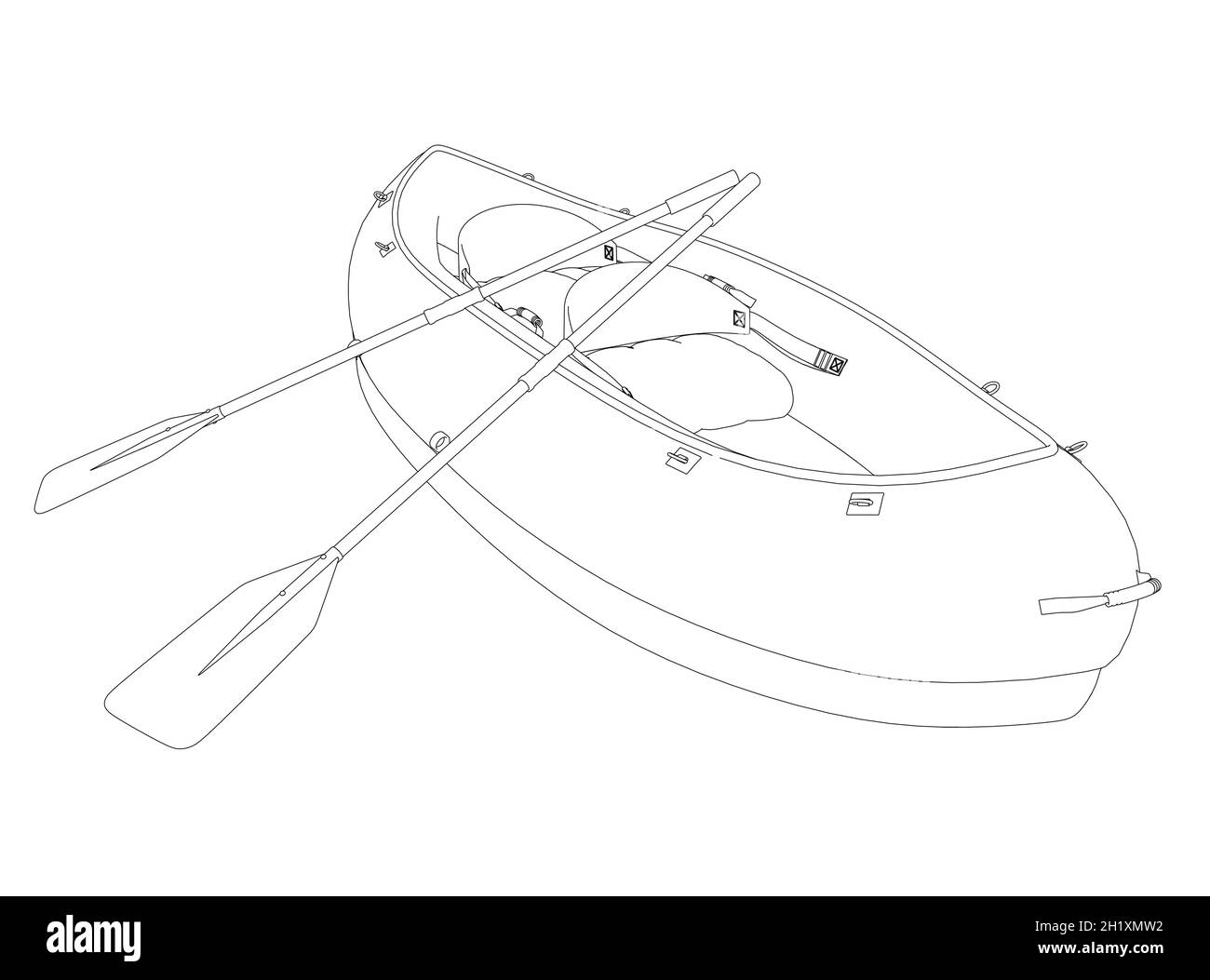 Contour of a rubber boat with oars from black lines isolated on a white background. Vector ...