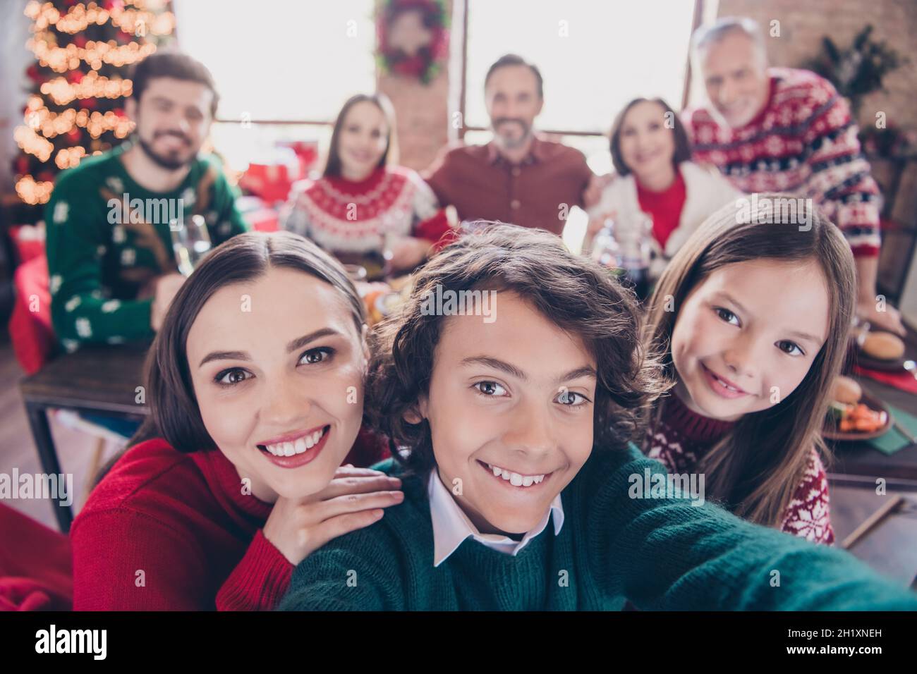 Self-portrait of attractive big full adorable cheerful family meeting ...
