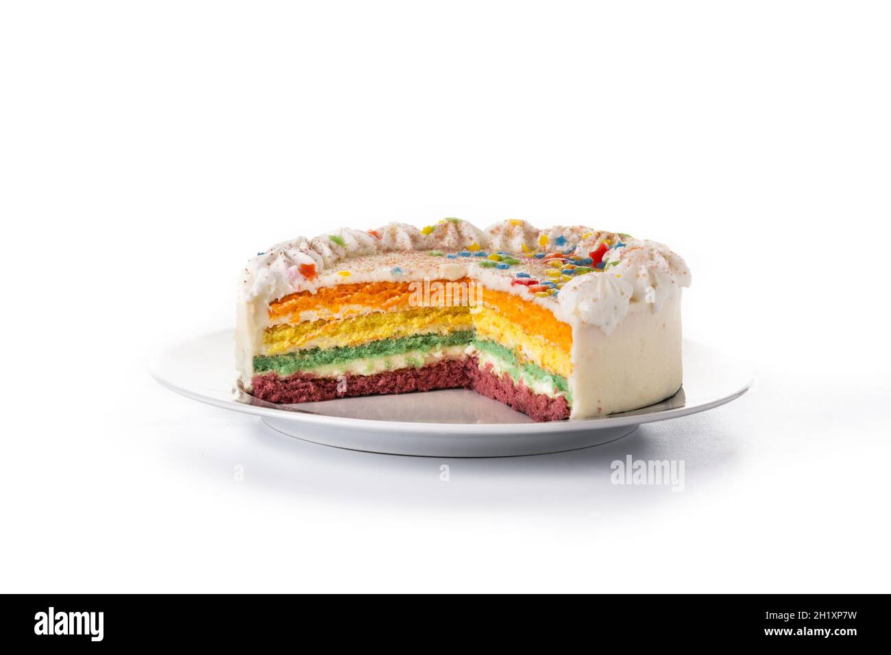 Rainbow layer cake isolated on white background Stock Photo - Alamy