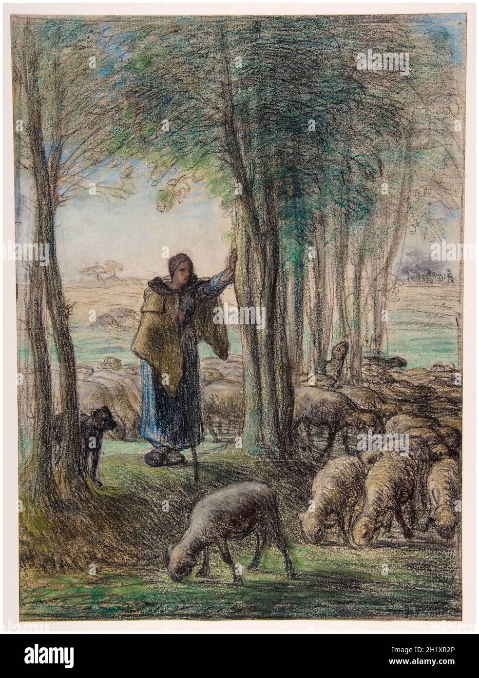 A Shepherdess and Her Flock in the Shade of Trees, pastel drawing by Jean Francois Millet, 1854 ...