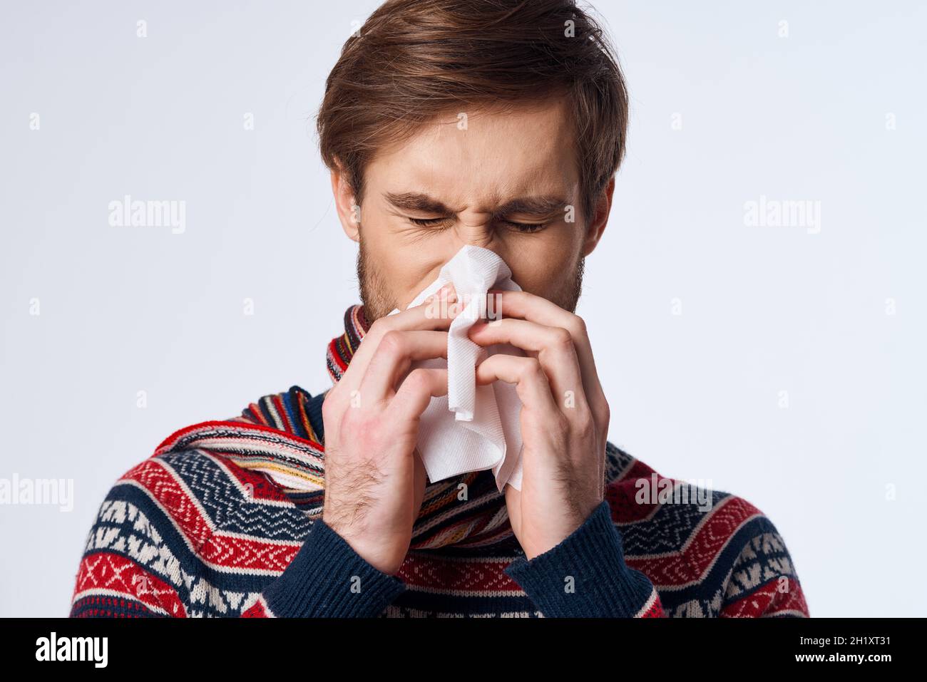 emotional man sweater health problems handkerchief flu infection studio ...