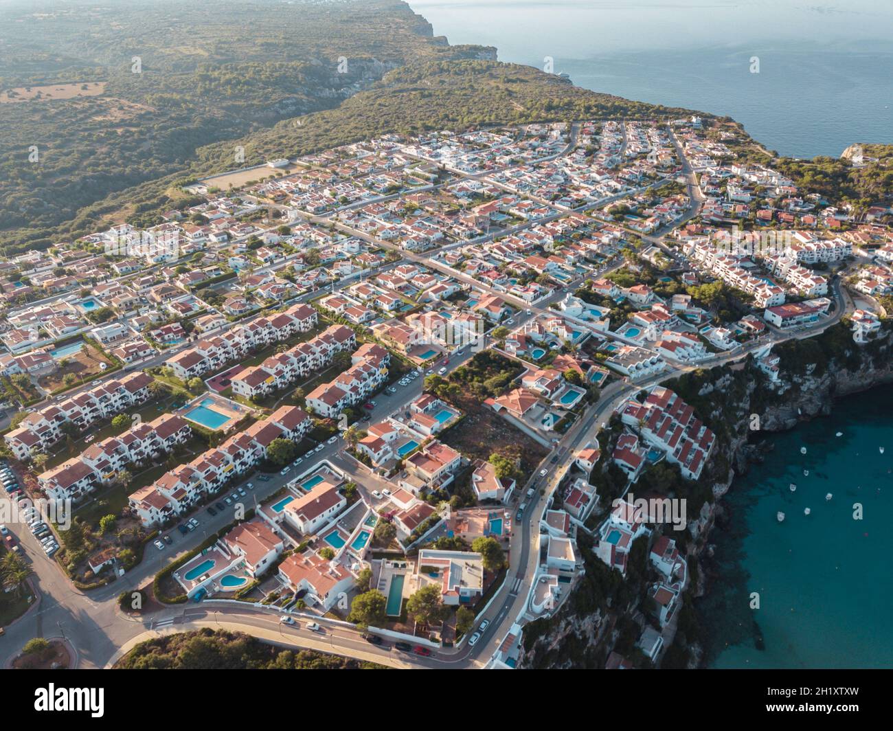 Drone Aerial Above Houses With Pools Spain Balearic Island Menorca ...