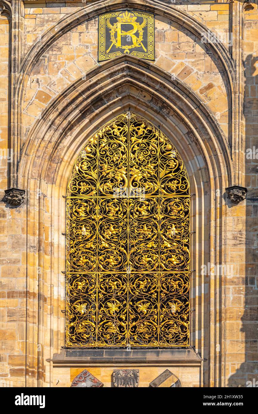 Ornate gothic window, detail of the gothic architecture of St. Vitus ...
