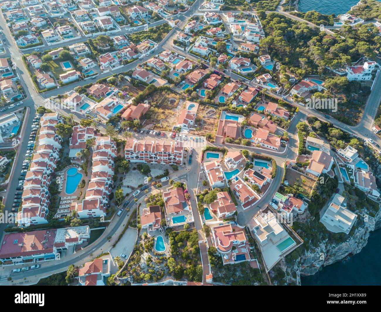 Drone Aerial Above Houses With Pools Spain Balearic Island Menorca ...
