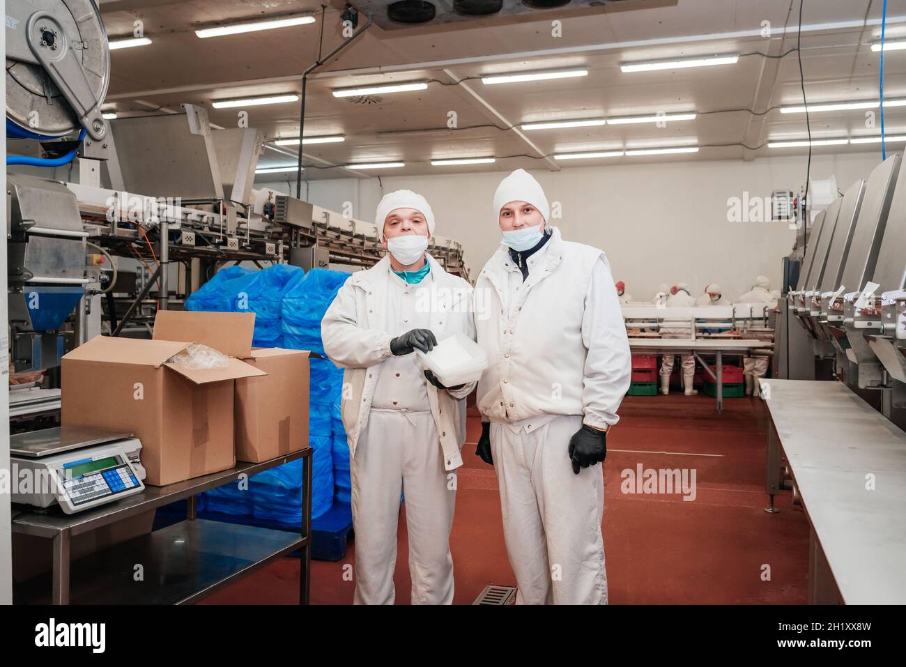 Meat processing plant.Industrial equipment at a meat factory.Modern ...