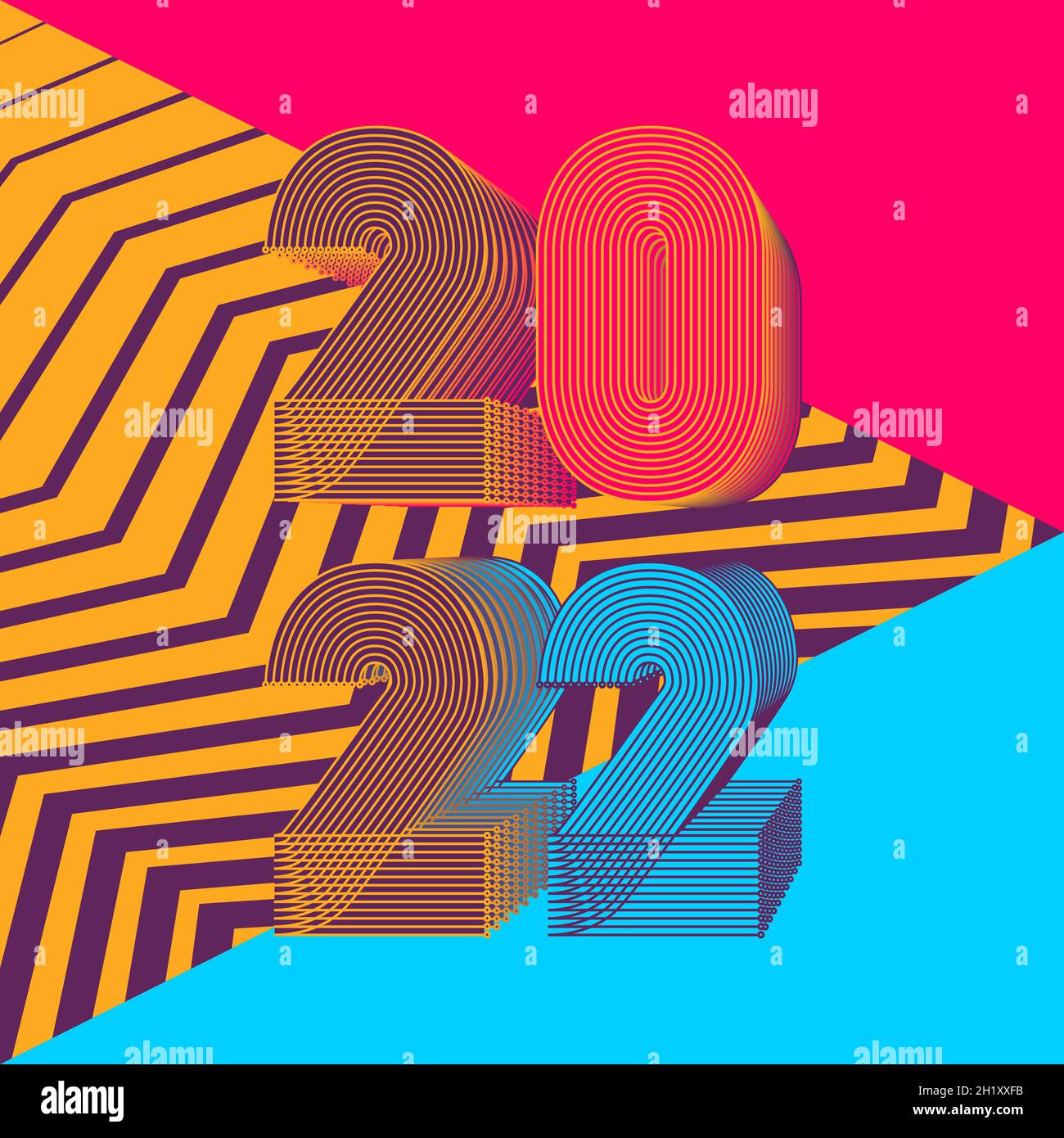 2022 Happy New Year. Colorful neon zig zag geometric background. 3d ...