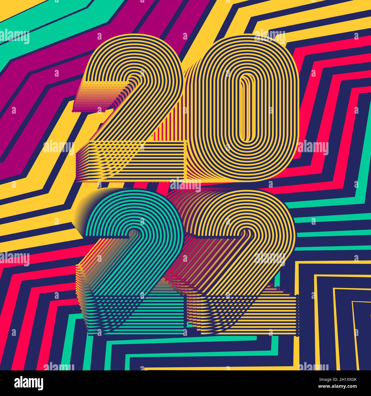 2022 Happy New Year. Colorful neon zig zag geometric background. 3d ...