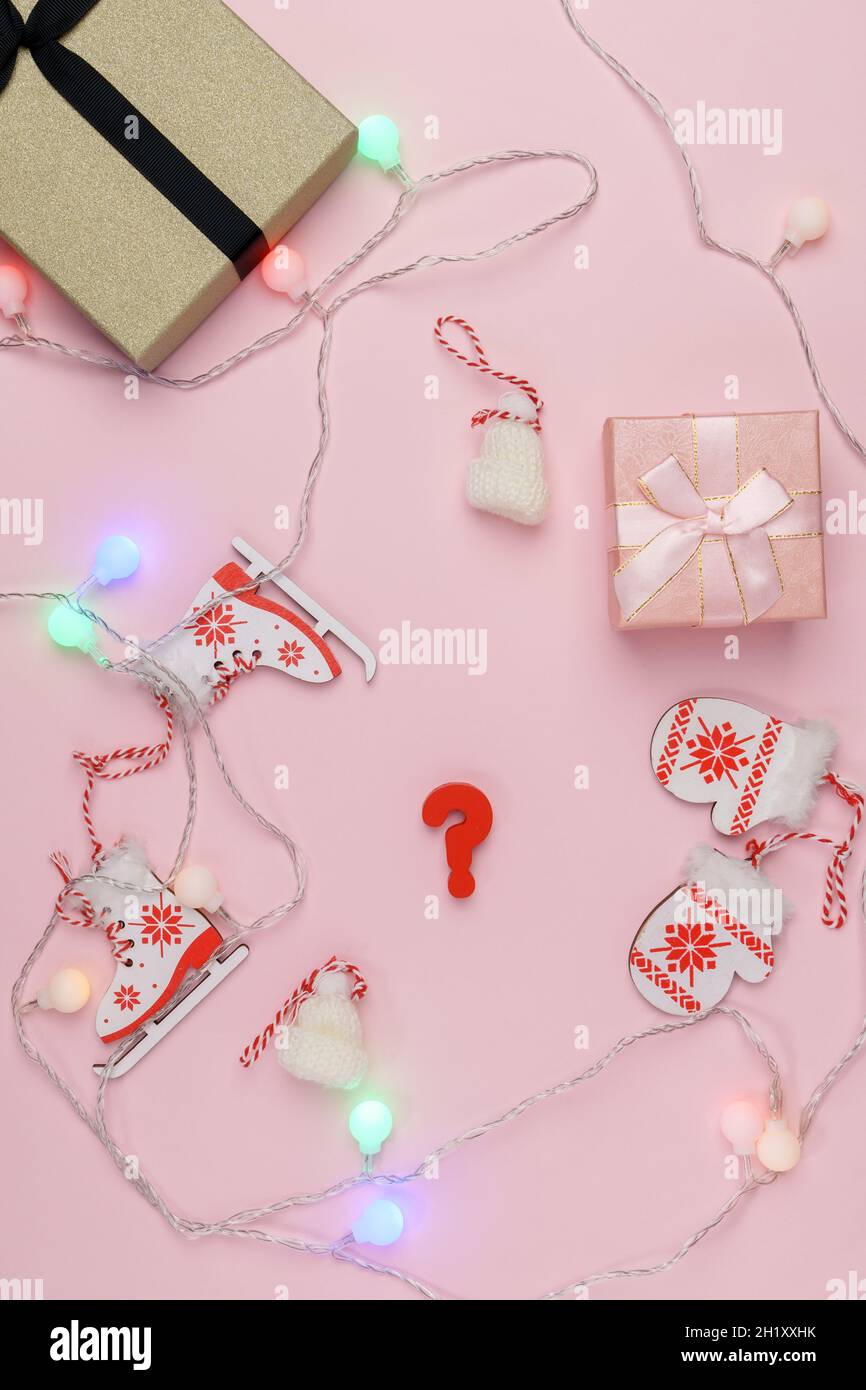 Question mark. Choosing a gift for New Year or Christmas. Top view ...