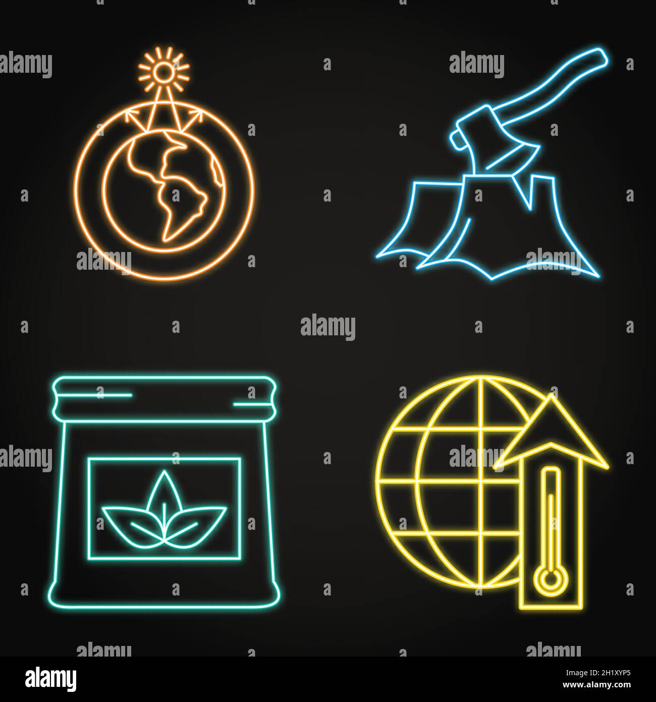 Neon ecology and climate change icon set. Greenhouse effect, global ...