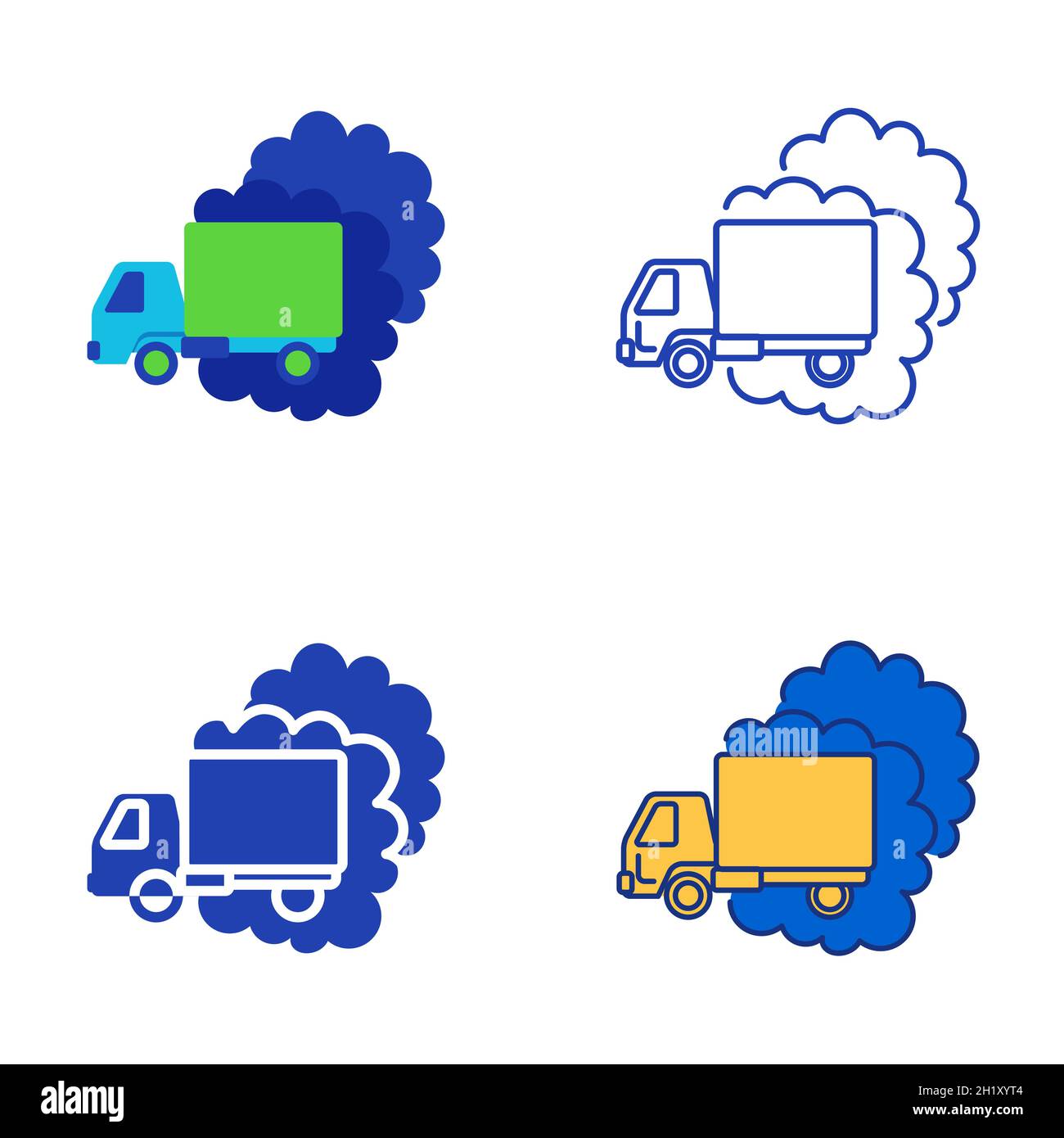 Air pollution icon set in flat and line style. Truck vehicle with co2 ...