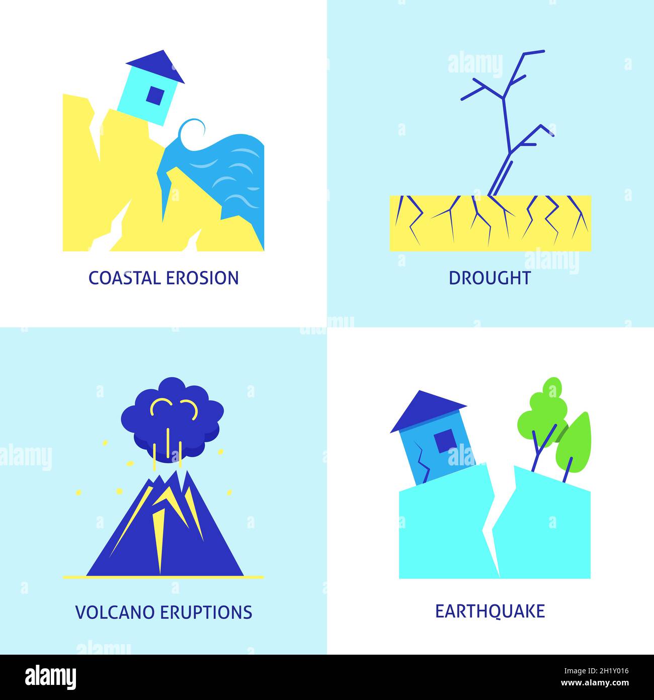 Ecology and climate change icon set in flat style. Volcano eruption ...