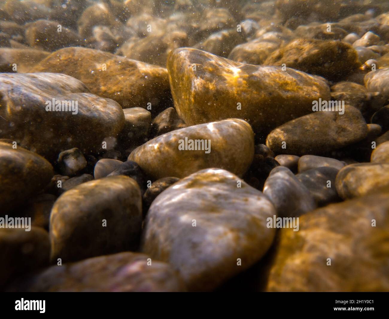 Pebbles stone underwater below water surface near lake shore, natural ...