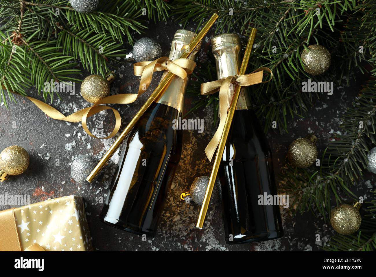 Concept of New Year celebration with champagne bottles Stock Photo - Alamy