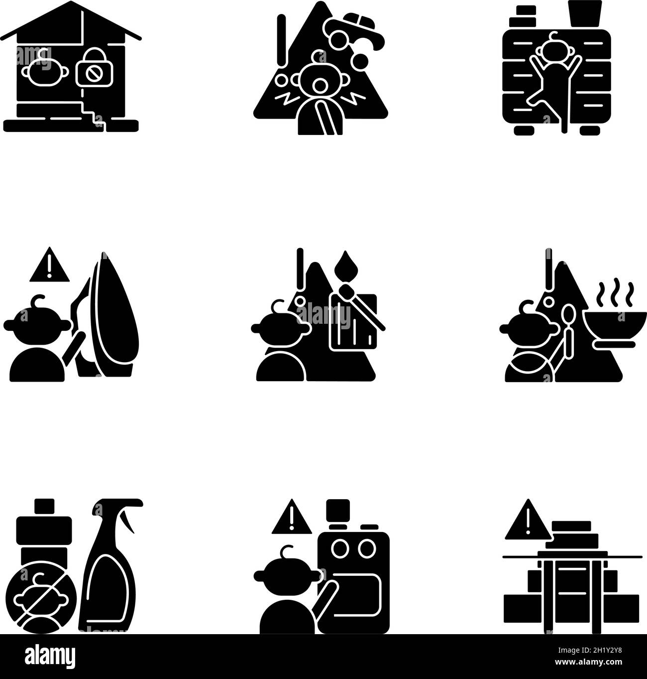 Kids injuries danger black glyph icons set on white space Stock Vector ...