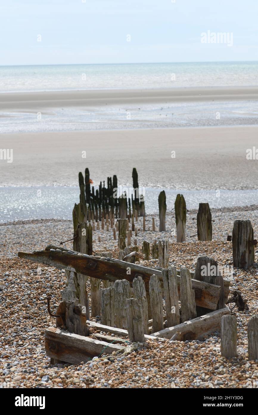 Old wooden groynes on Rye beach Stock Photo - Alamy