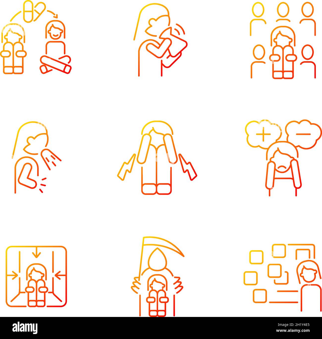 Phobias and its symptoms gradient linear vector icons set Stock Vector ...