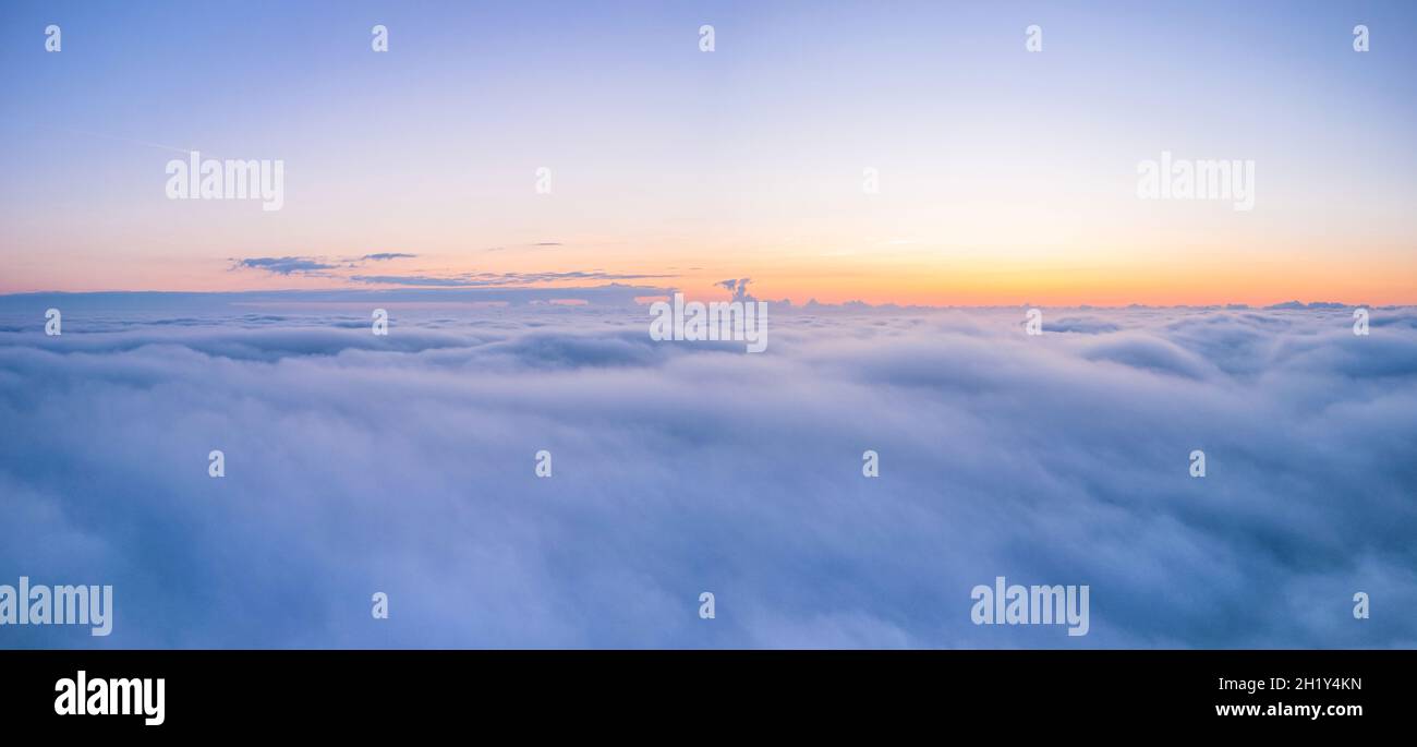 Panorama of Dawn over the Fog from a drone, Devon, England, Europe ...