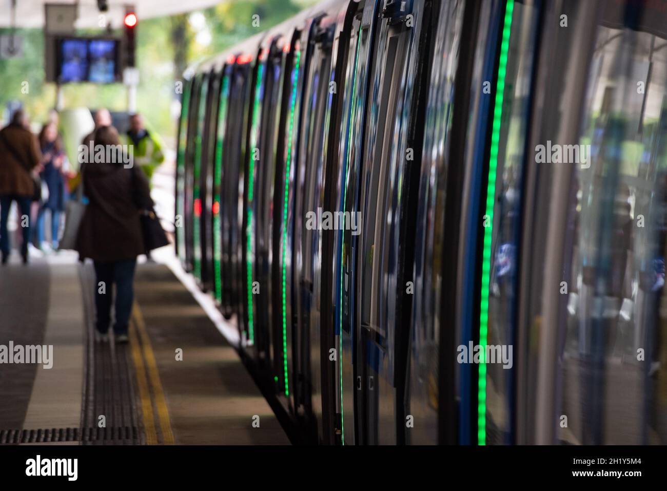 Munich, Germany. 19th Oct, 2021. A subway train stands with open doors ...