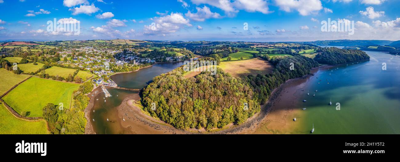 Panorama of Stoke Gabriel and River Dart from a drone, Devon, England ...