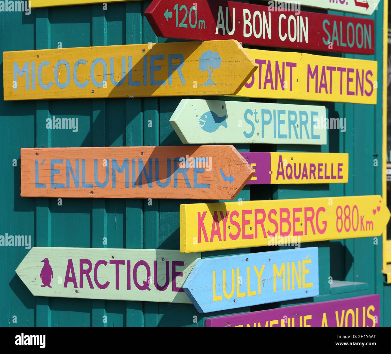 signboards on painted house in Oleron island , atlantic ocean coast ...