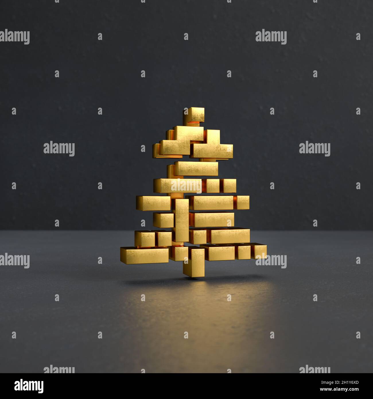 Christmas tree made from golden tetris style blocks hovering over a ...