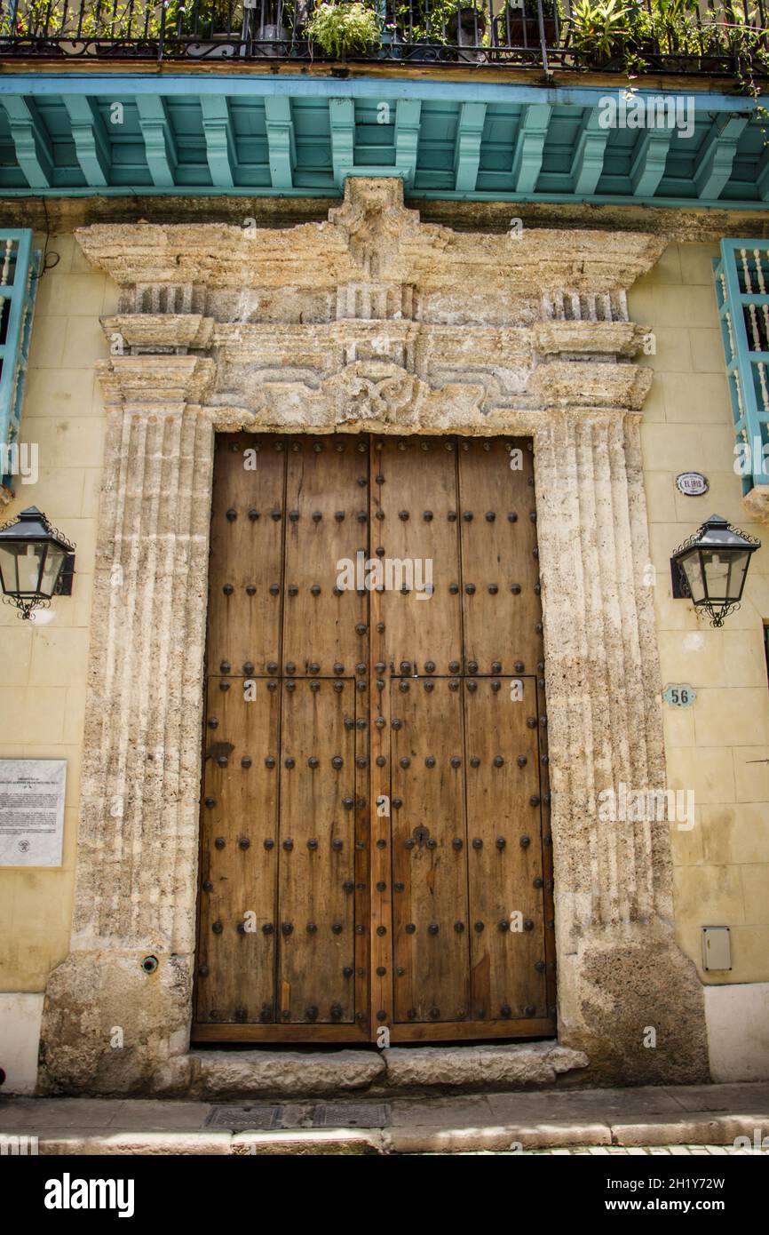 HABANA, CUBA - Jul 08, 2017: An old wooden colonial door of a building ...