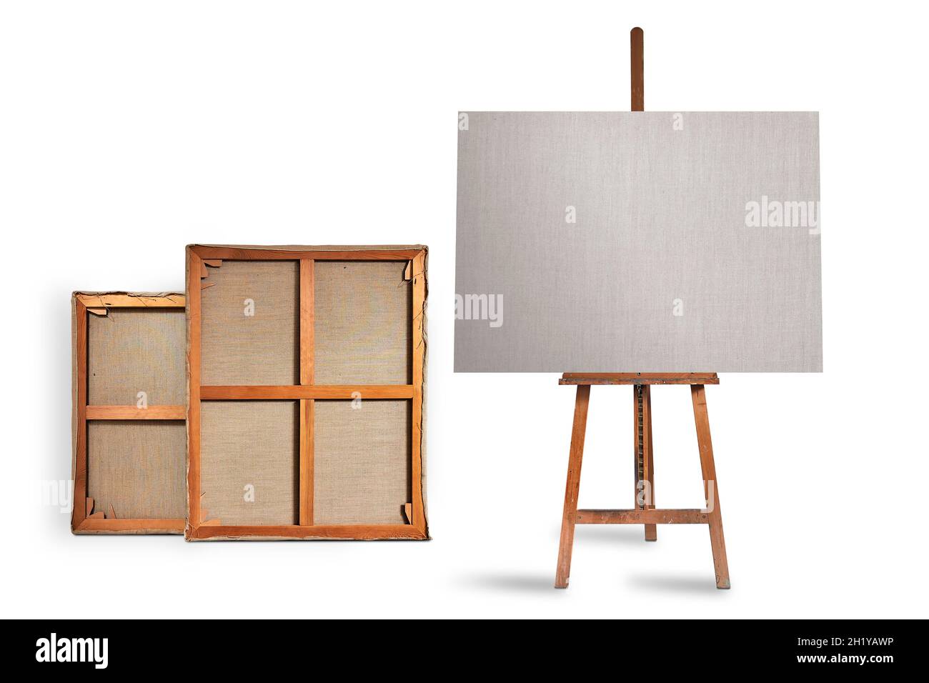 Authentic wooden easel with horizontal format of canvas isolated on ...