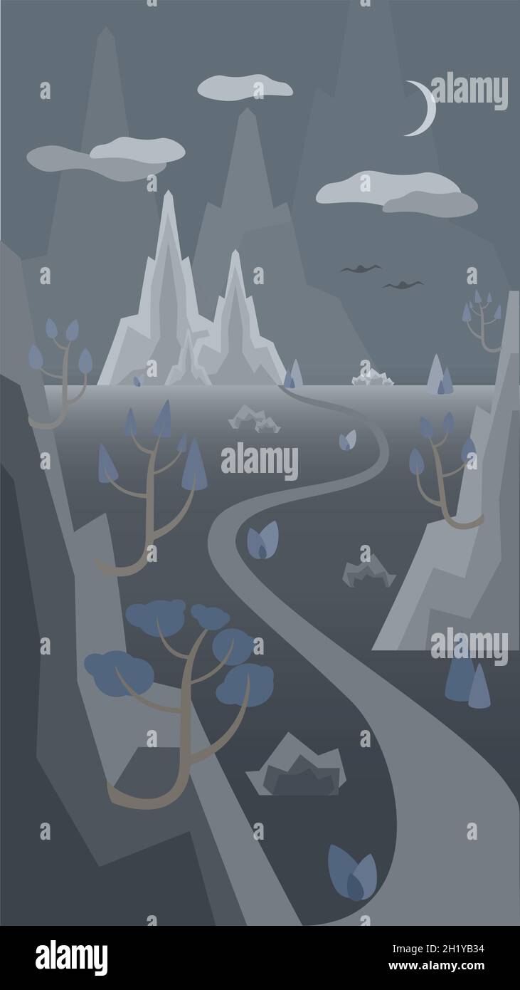 Evening monochrome landscape with Mountains in desert. Trees, stones ...