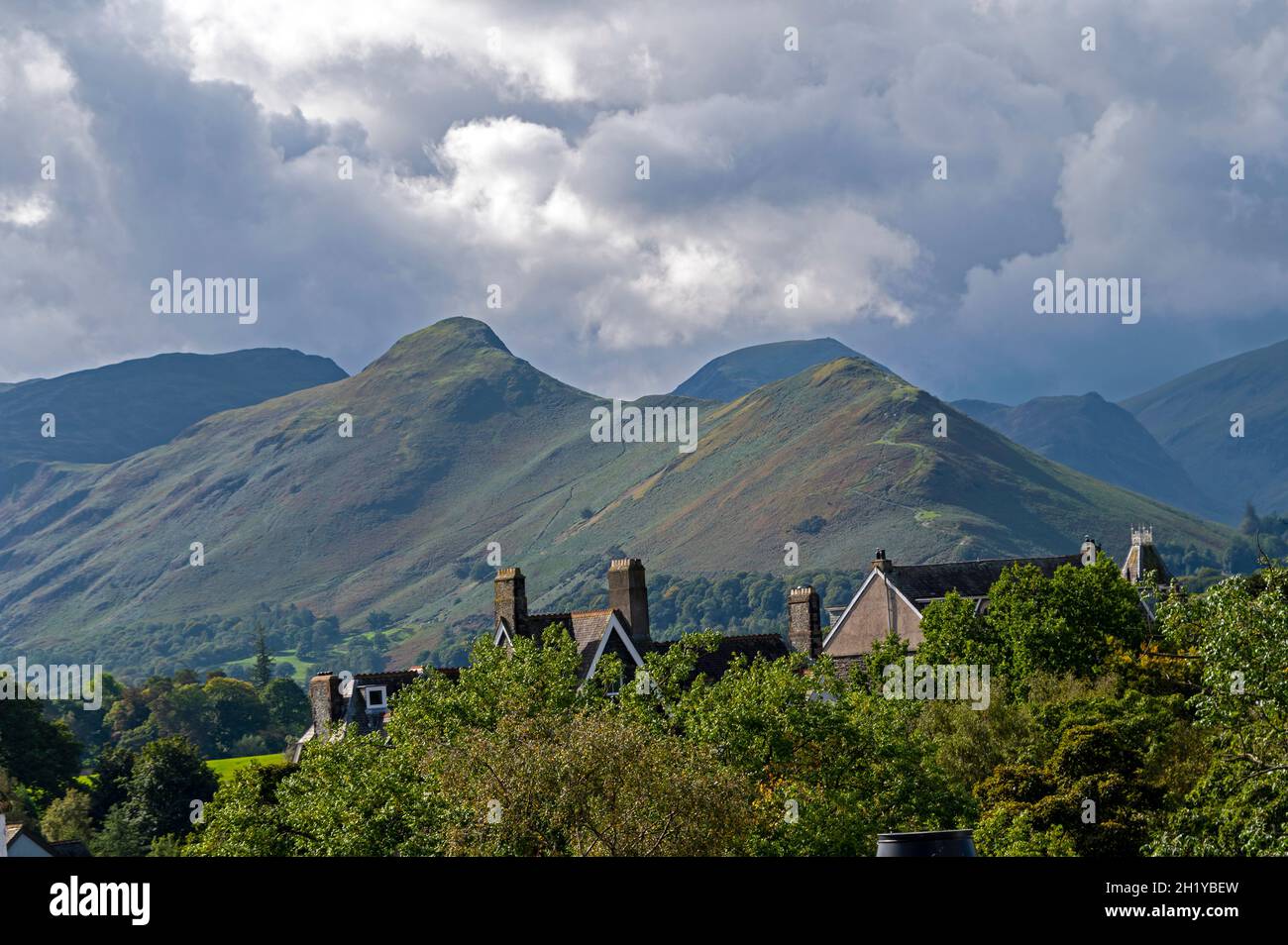 A hotel window view of the well-known ‘Cats Bells’ a small Fell, is ...