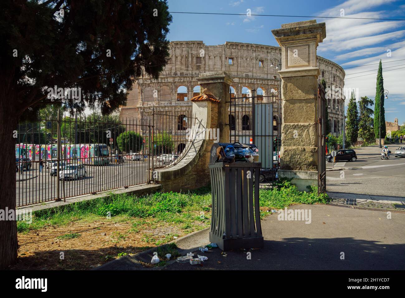 Rome, Italy garbage bin full of litter before the Colosseum. Trash ...
