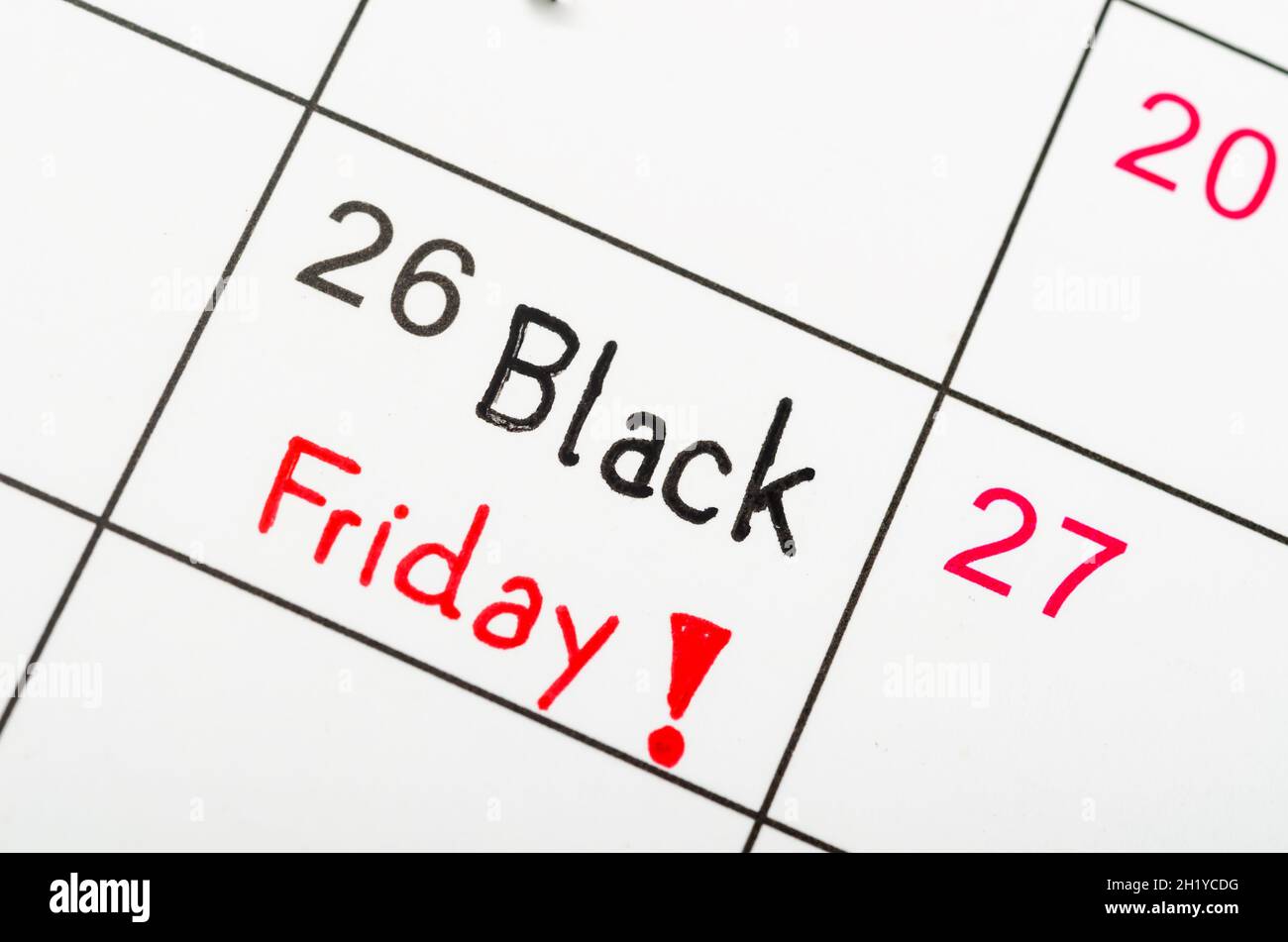 Handwritten Black Friday event day marked on a white calendar Stock ...