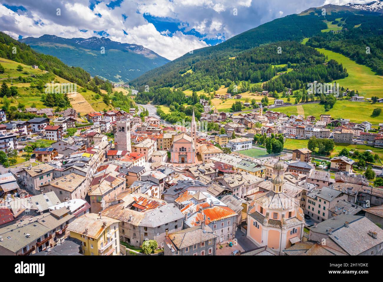 Town of Bormio in Dolomites Alps aerial view, Province of Sondrio ...