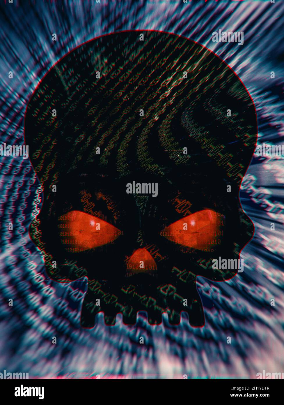 Black Skull on a Binary code blue background with glowing red eyes in a ...