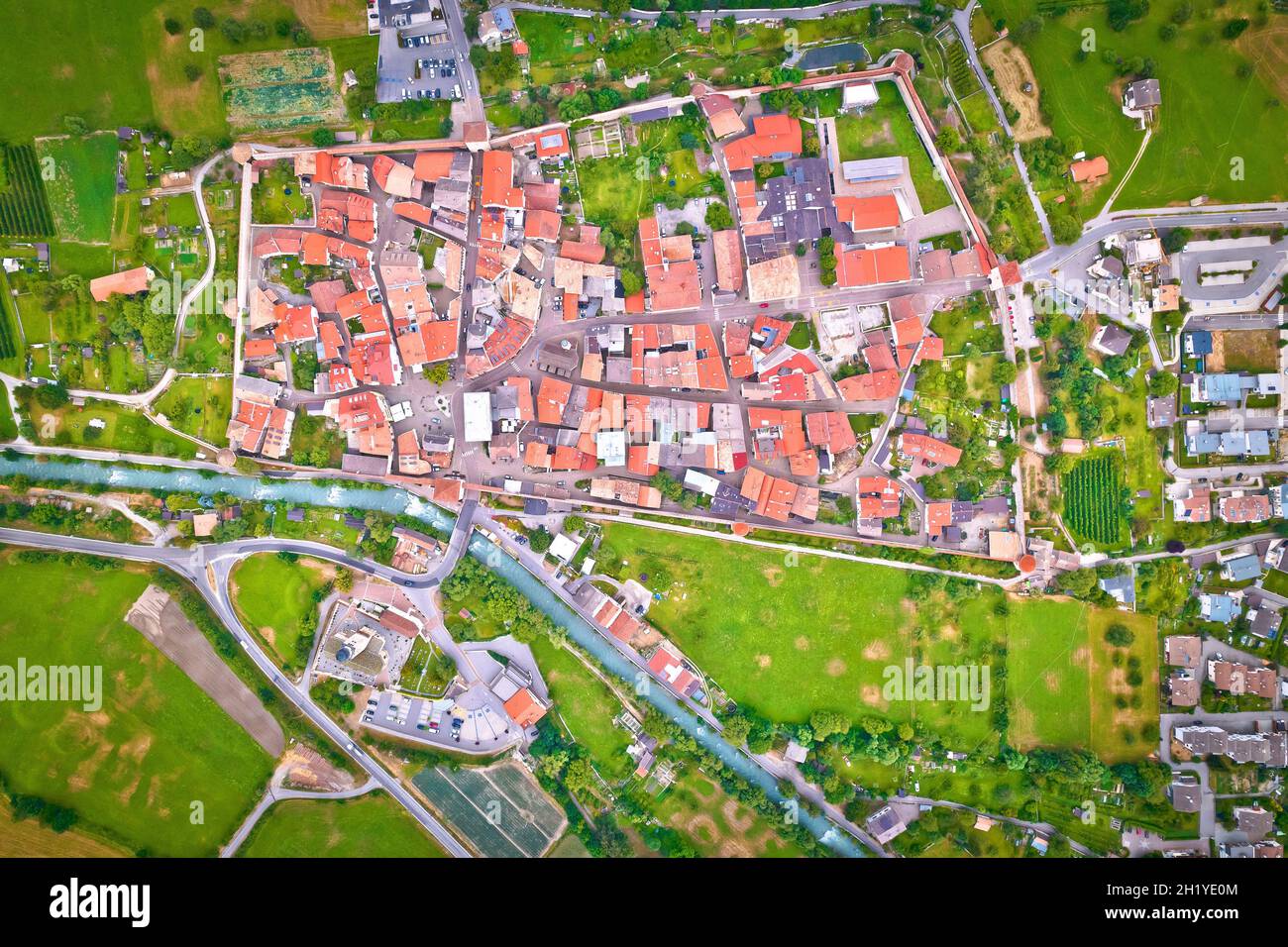 Fortified village of Glorenza or Glurns in Val Venosta aerial view ...