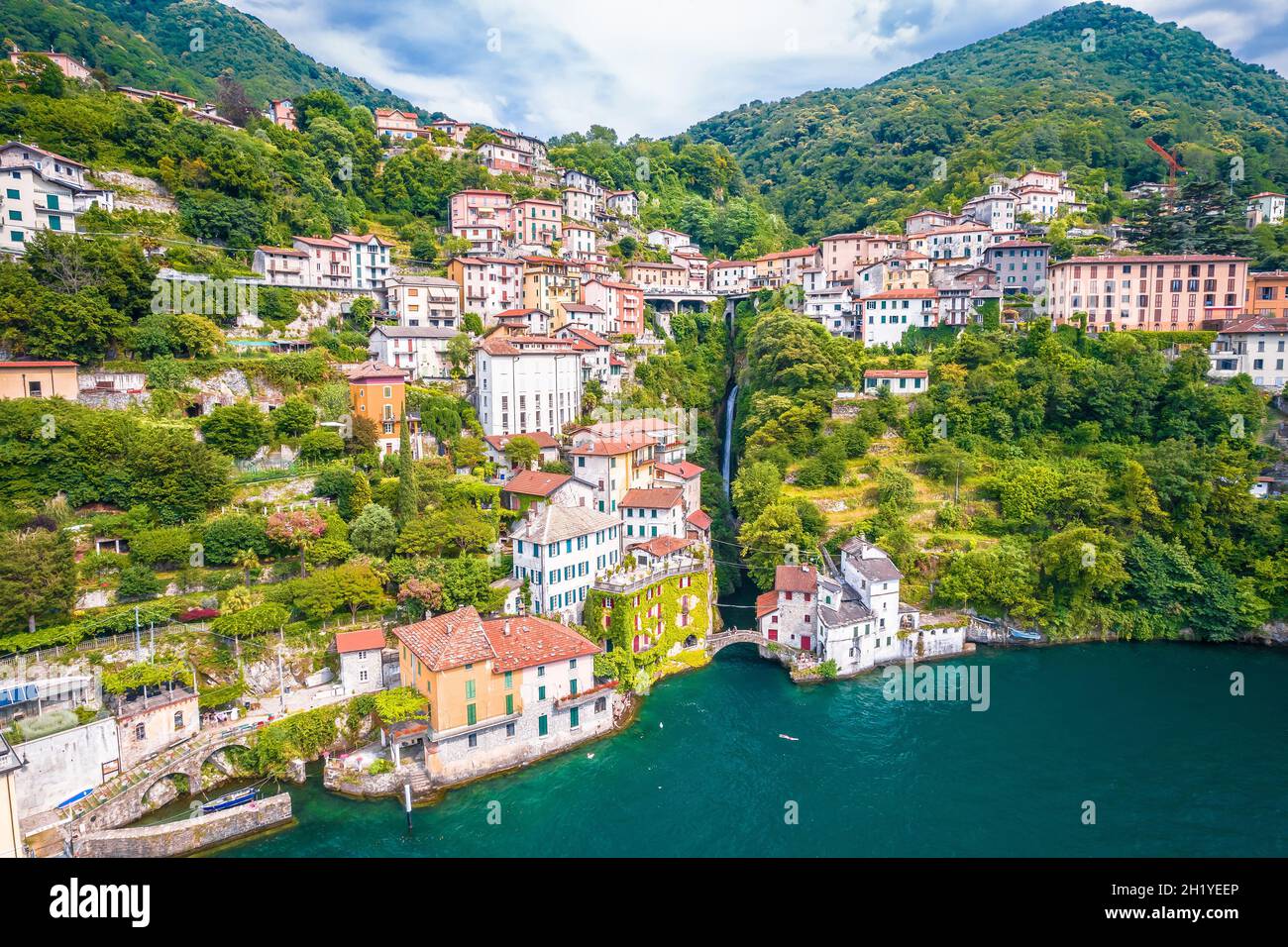 Town of Nesso historic lakefront aerial view, Como Lake, Lombardy ...