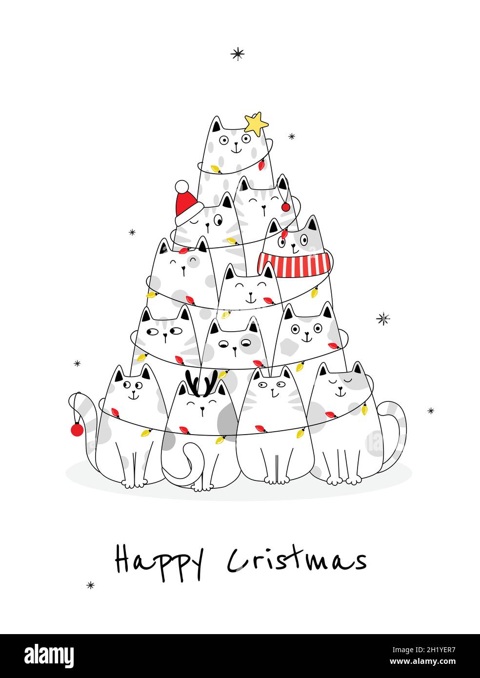 Christmas tree with cats. Doodle cartoon style Stock Vector Image & Art ...