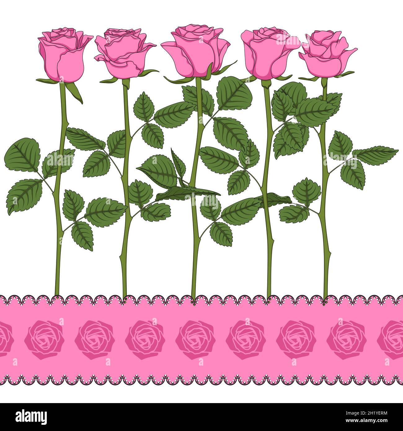 Set of color illustrations with pink roses. Isolated vector objects on ...