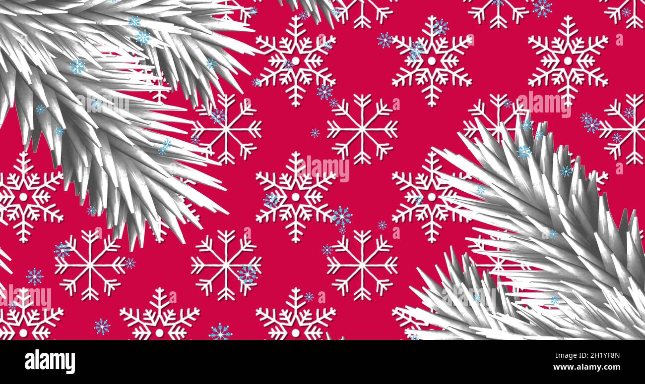 Image of snow falling with white fir trees on red background Stock ...
