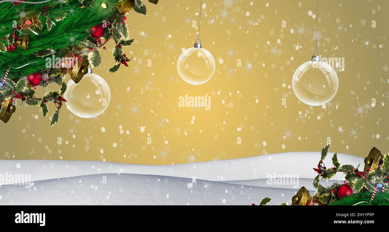 Image of snow falling over christmas baubles decoration on winter ...