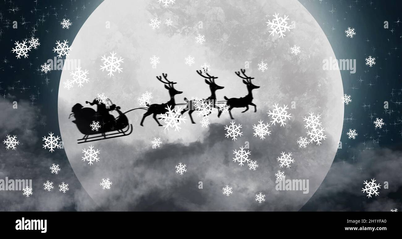 Image of santa claus in sleigh with reindeer moving over moon and ...